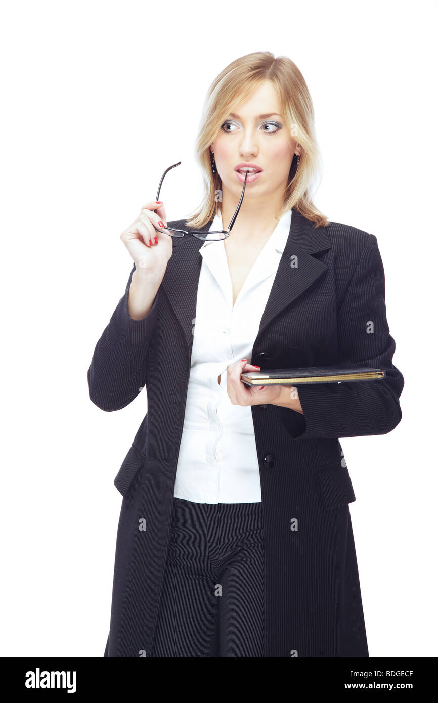 Thinking lady in business clothes holding glasses and document Stock ...
