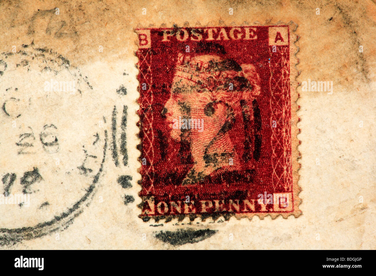 Detail of a penny red stamp attached to envelope and postmark of 1872 ...