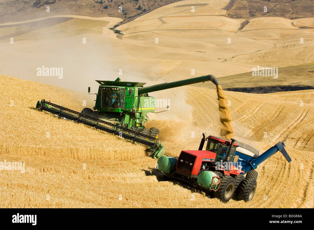 A John Deere combine harvests Soft White wheat on rolling hillside ...