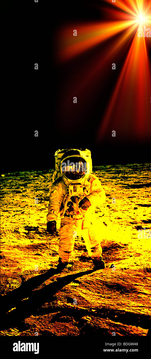 computer enhanced image of NASA astronaut Buzz Aldrin on moon Stock ...