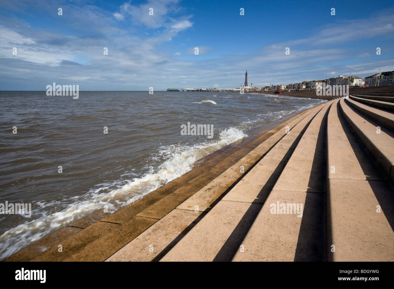 Blackpool Promenade and new seawall with Blackpool tower in distance ...