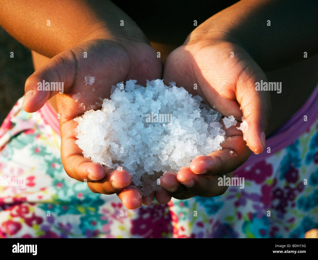 Little girl with handful of crystal salt from evaporated sea water ...