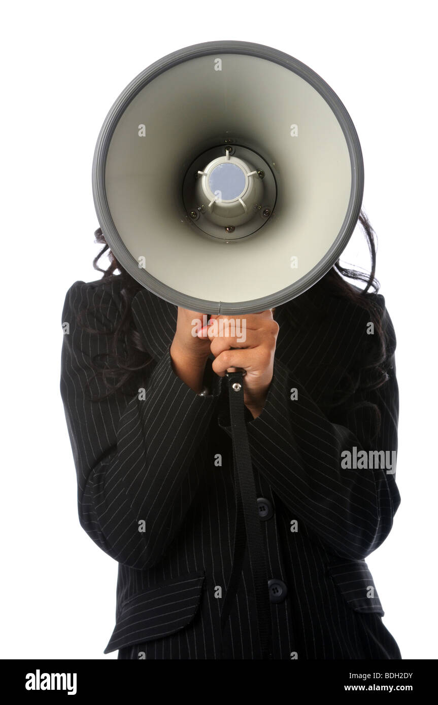 Businesswoman holding megaphone hiding her face Stock Photo - Alamy