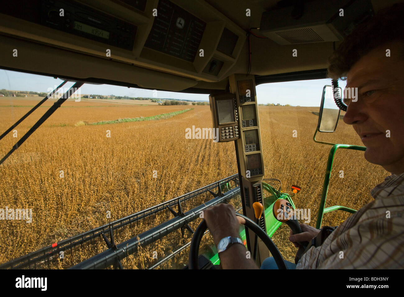 Interior of a combine during the soybean harvest showing the combine ...