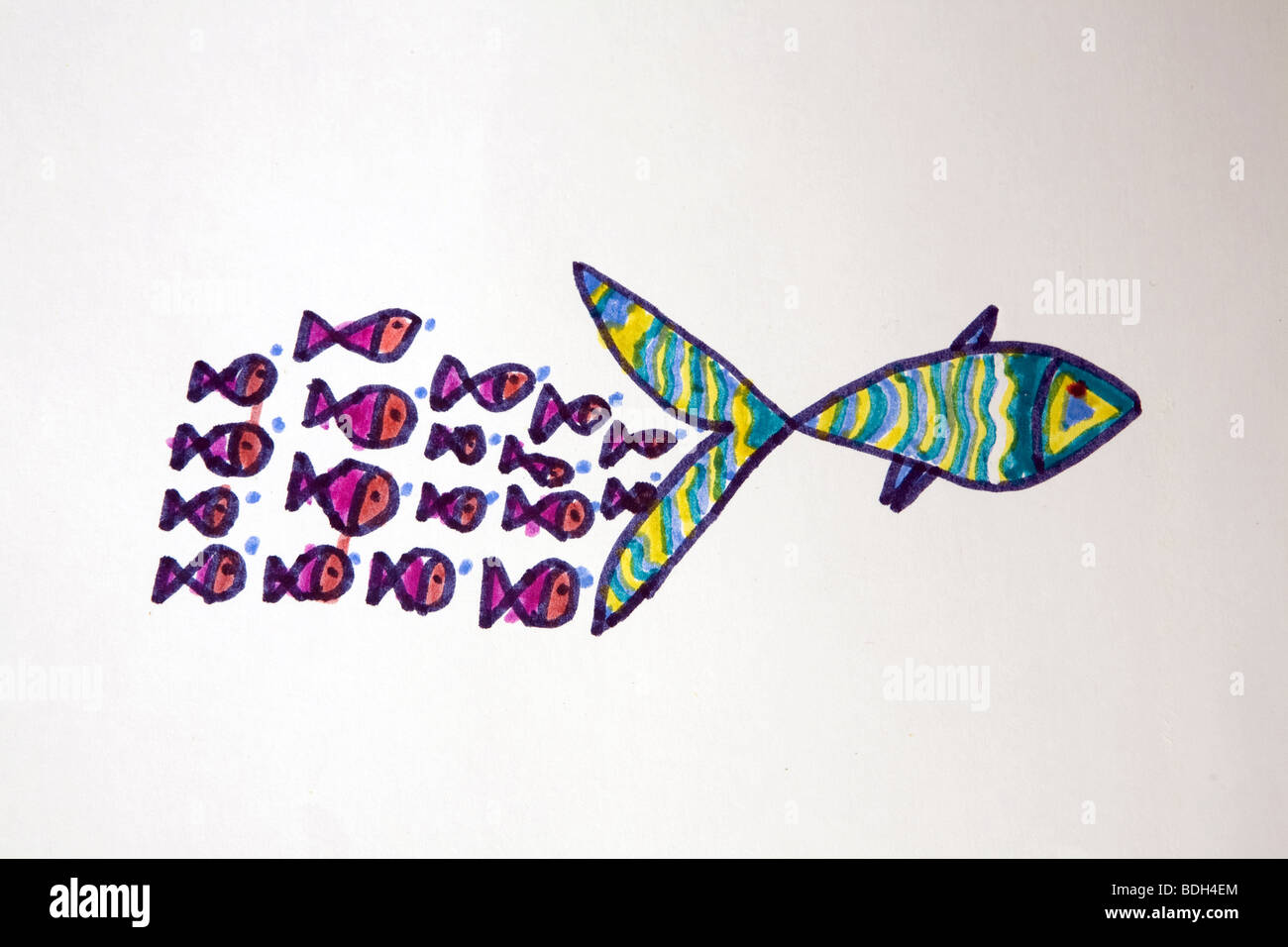 child`s picture. Mother fish with children. White background Stock ...