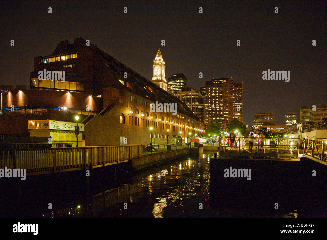 Night time showing CUSTOM HOUSE TOWER and downtown from Boston Harbor ...