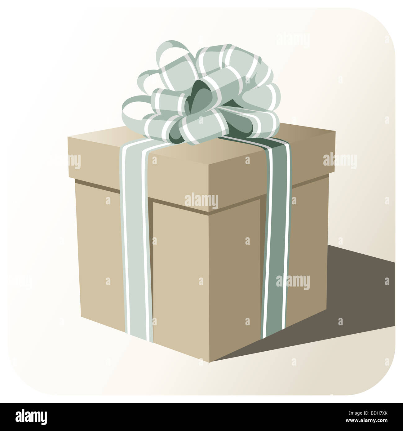 Illustration of a beige box whit a sky blue ribbon over a beige rounded ...