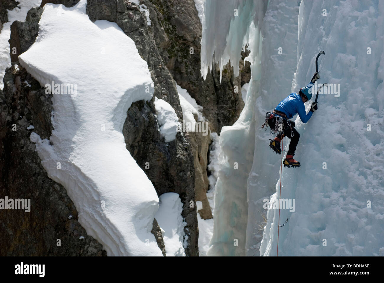 A woman ice climbing in the Ouray Ice Park, Ouray, Colorado Stock Photo ...