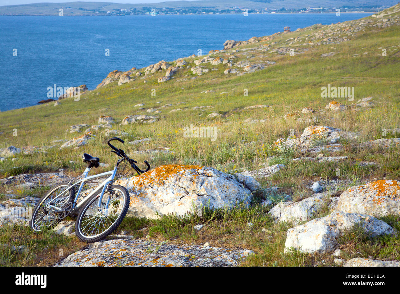 Summer sea and bike on stony coastline (Kazantip reserve, Crimea ...