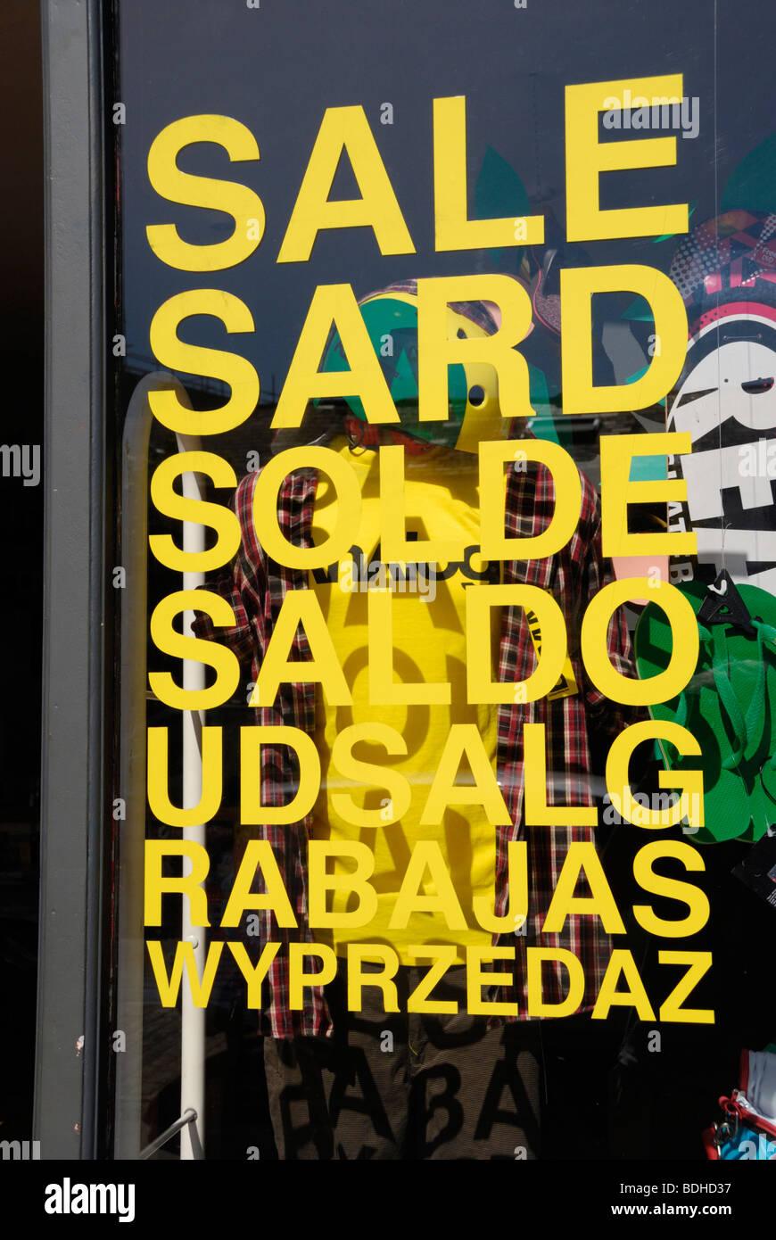 Sale sign translated into different languages in a UK shop window Stock ...