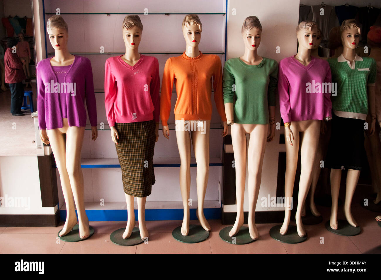 Western showroom dummies in a shop in De Hui, Jilin Province, China. It ...