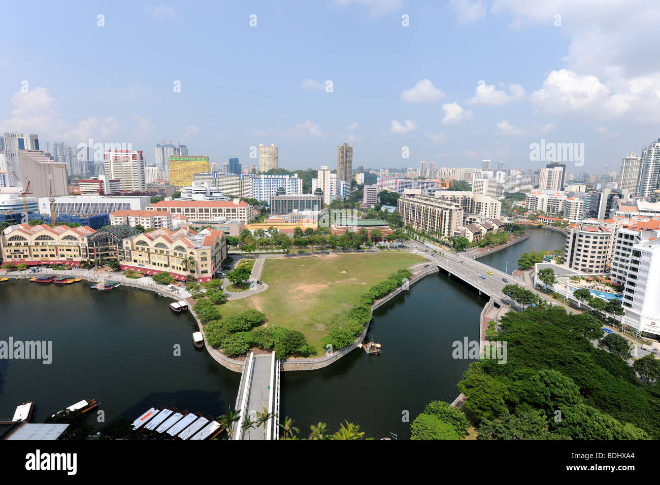 semi-aerial view from 22nd floor of apartment block over Singapore ...