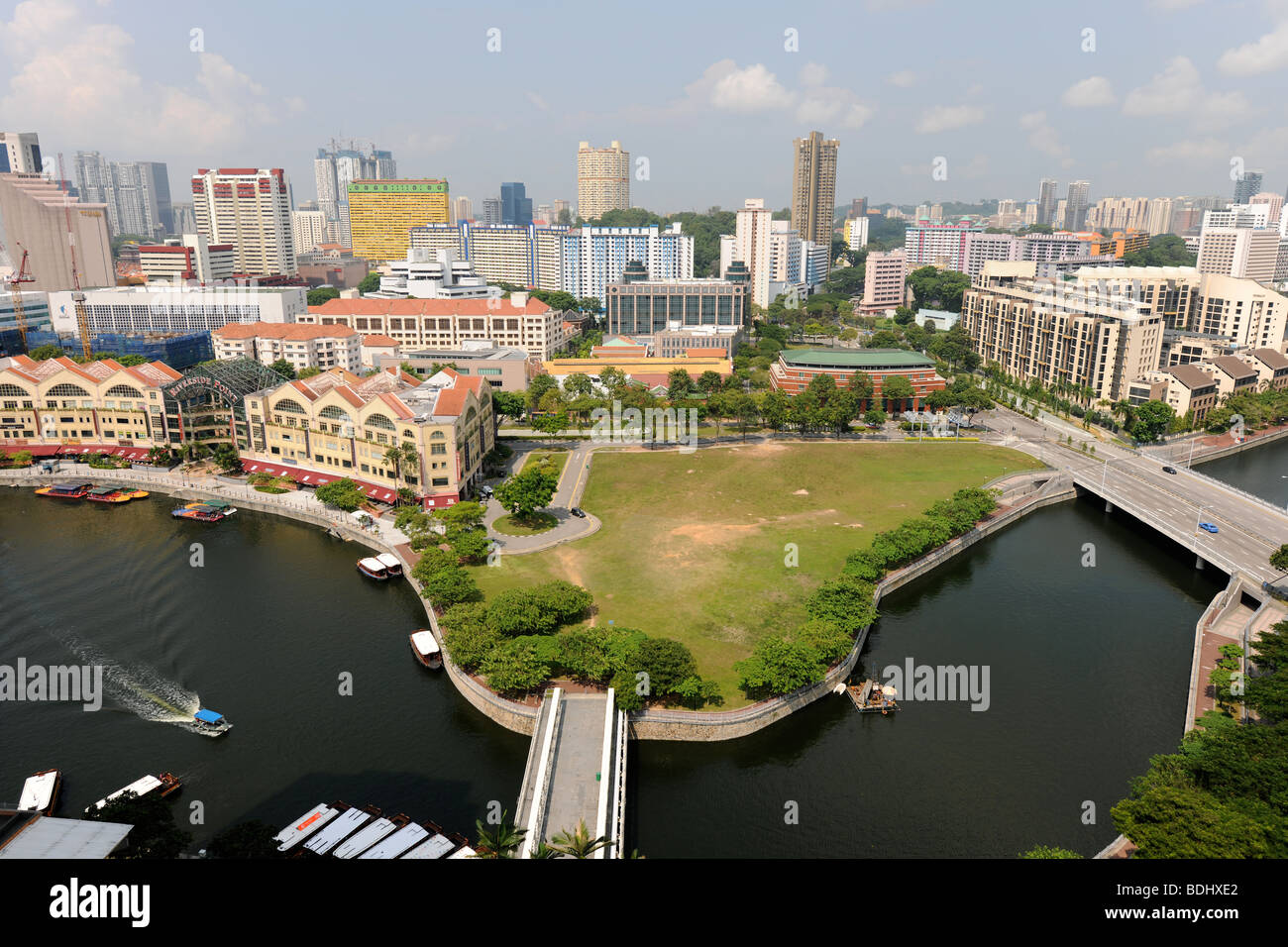 semi-aerial view from 22nd floor of apartment block over Singapore ...