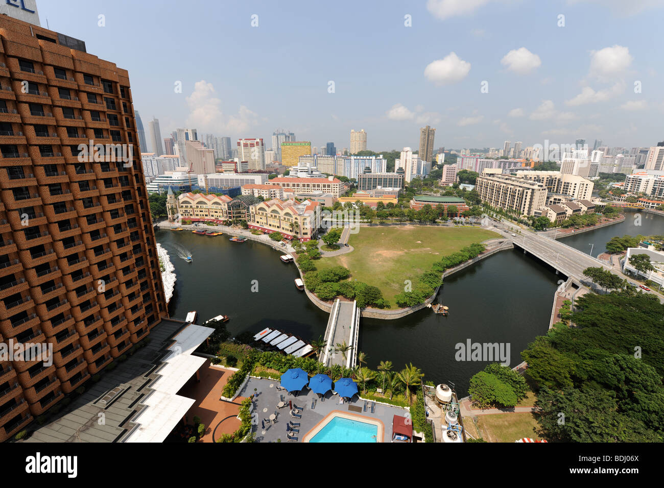 semi-aerial view from 22nd floor of apartment block over Singapore ...