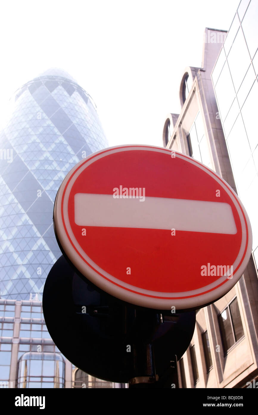 No entry road sign with Swiss Re Tower in the background Stock Photo ...