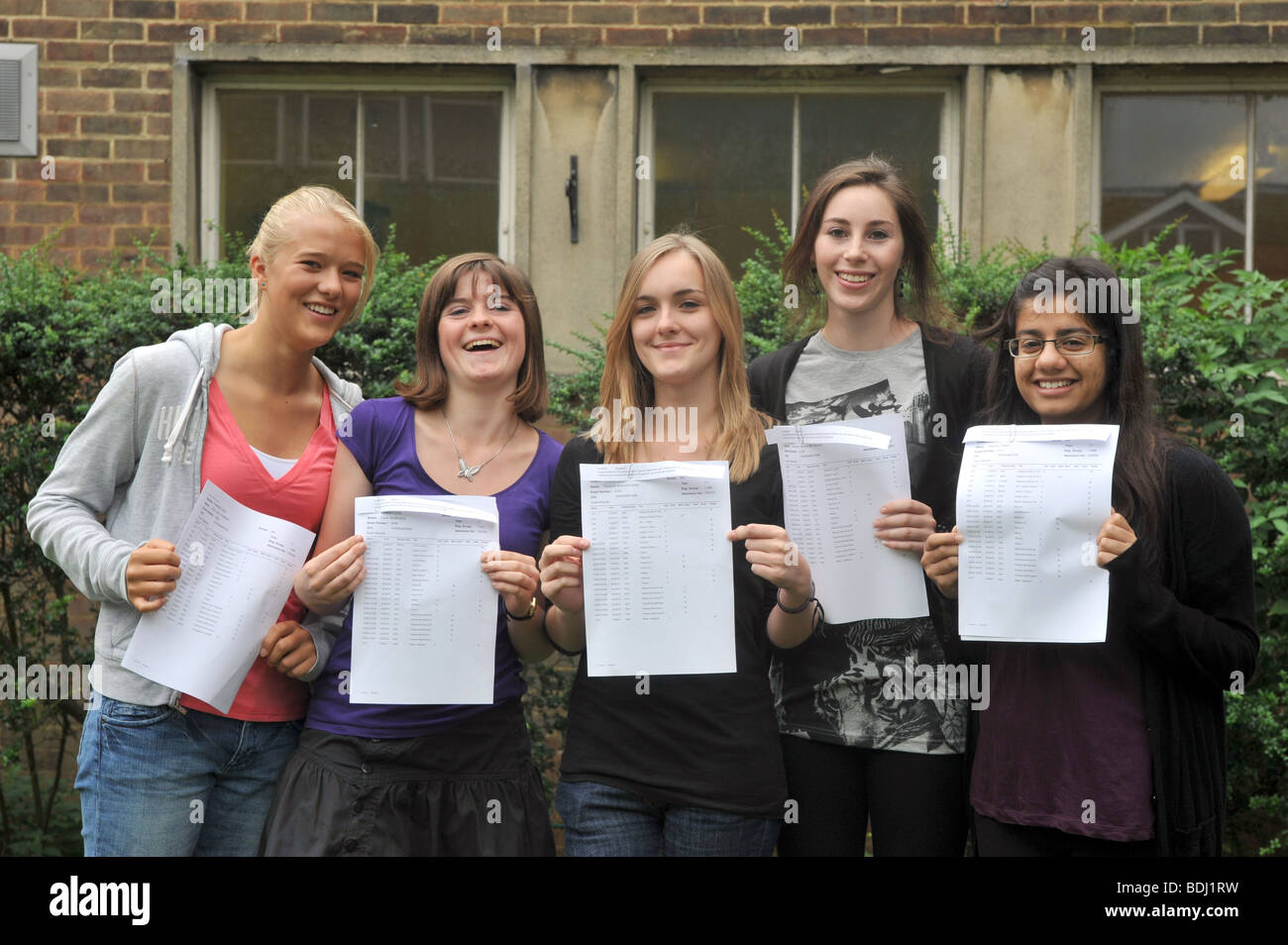 A group of happy teenage girls showing their O Level results to camera ...