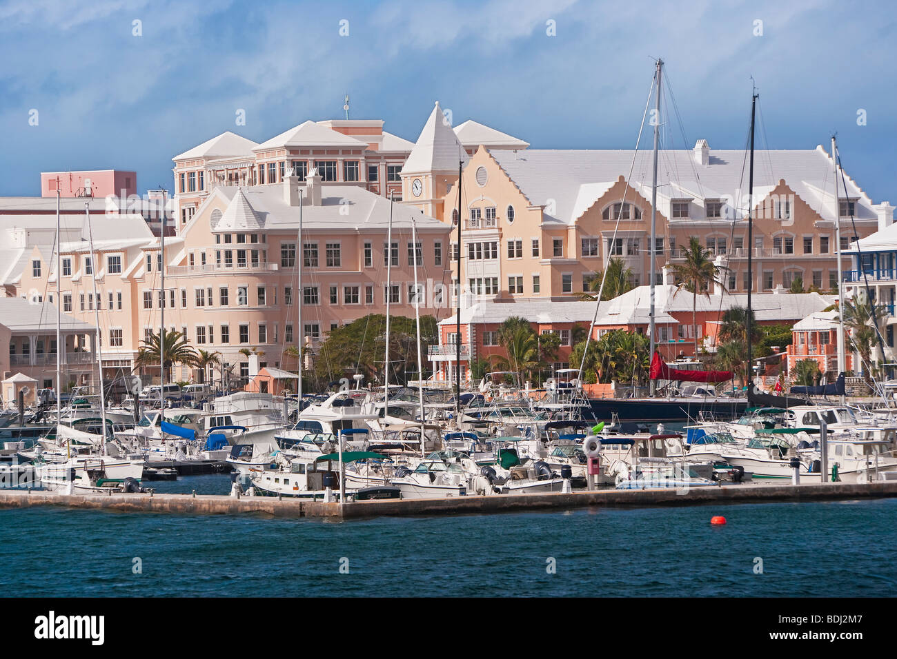 Bermuda, Atlantic Ocean, Hamilton, Luxury office buildings lining ...