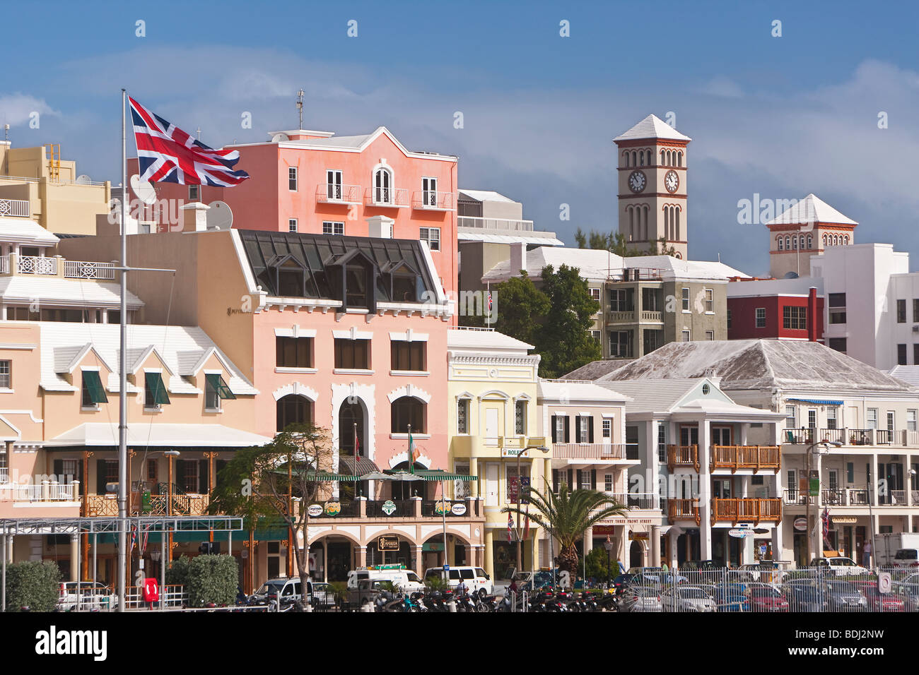 Bermuda, Atlantic Ocean, Hamilton, colourful pastel architecture along ...