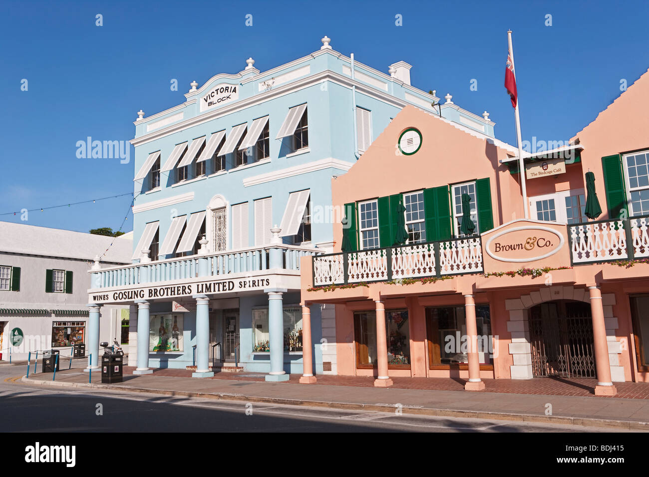 Bermuda, Atlantic Ocean, Hamilton, pastel coloured architecture along ...