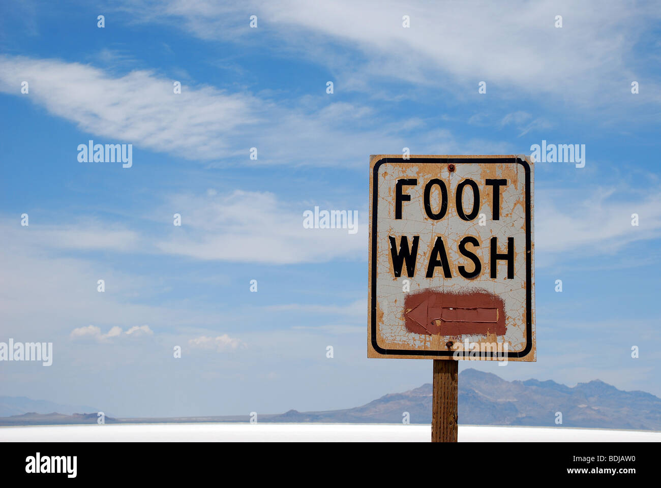 Foot Wash sign at the Bonneville Salt Flats, Utah, USA Stock Photo - Alamy