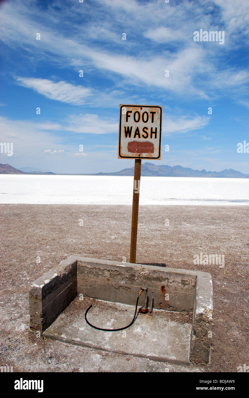 Foot Wash sign and water hose at Bonneville Salt Flats, Utah, USA Stock ...