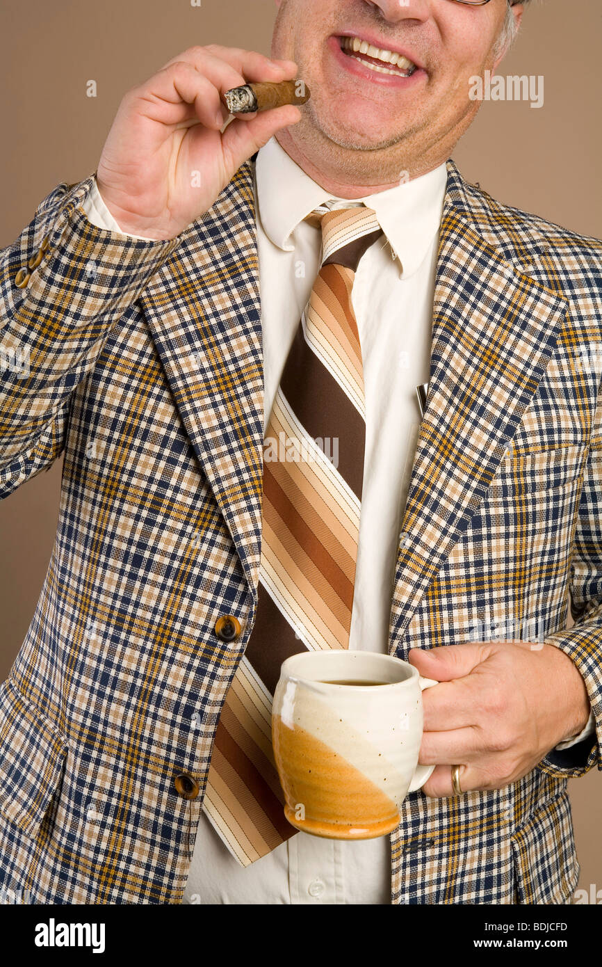 Retro Businessman Smoking a Cigar and Drinking a Cup of Coffee Stock ...
