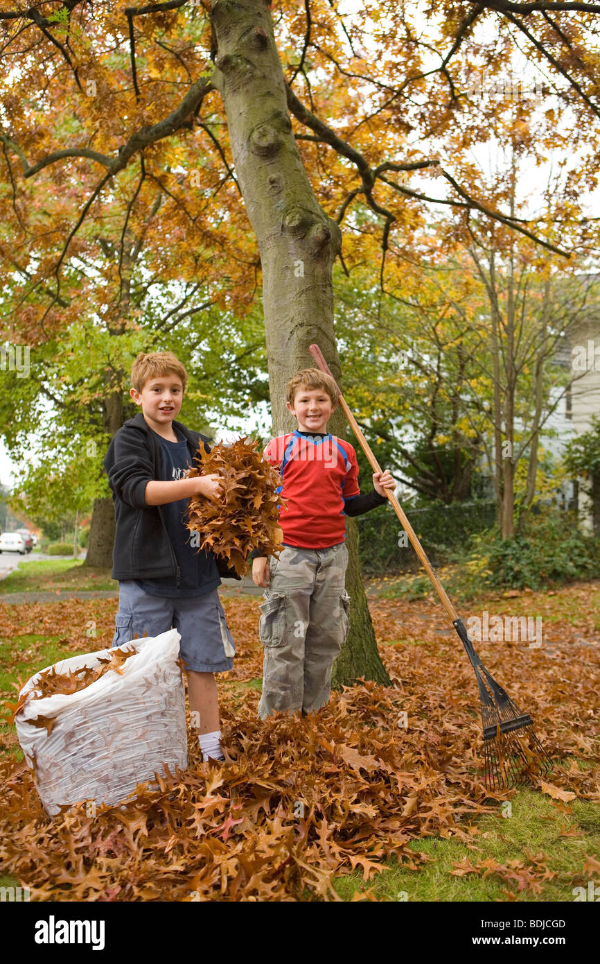 Kids Raking Leaves Stock Photo - Alamy