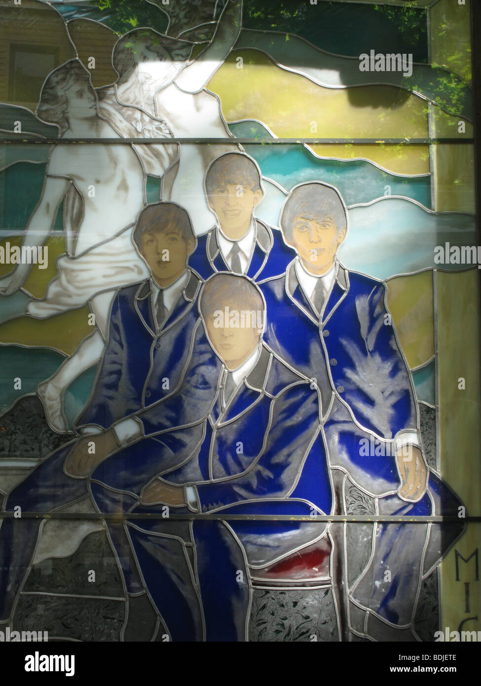 the beatles on stain glass window at hard rock cafe, rome, italy Stock ...