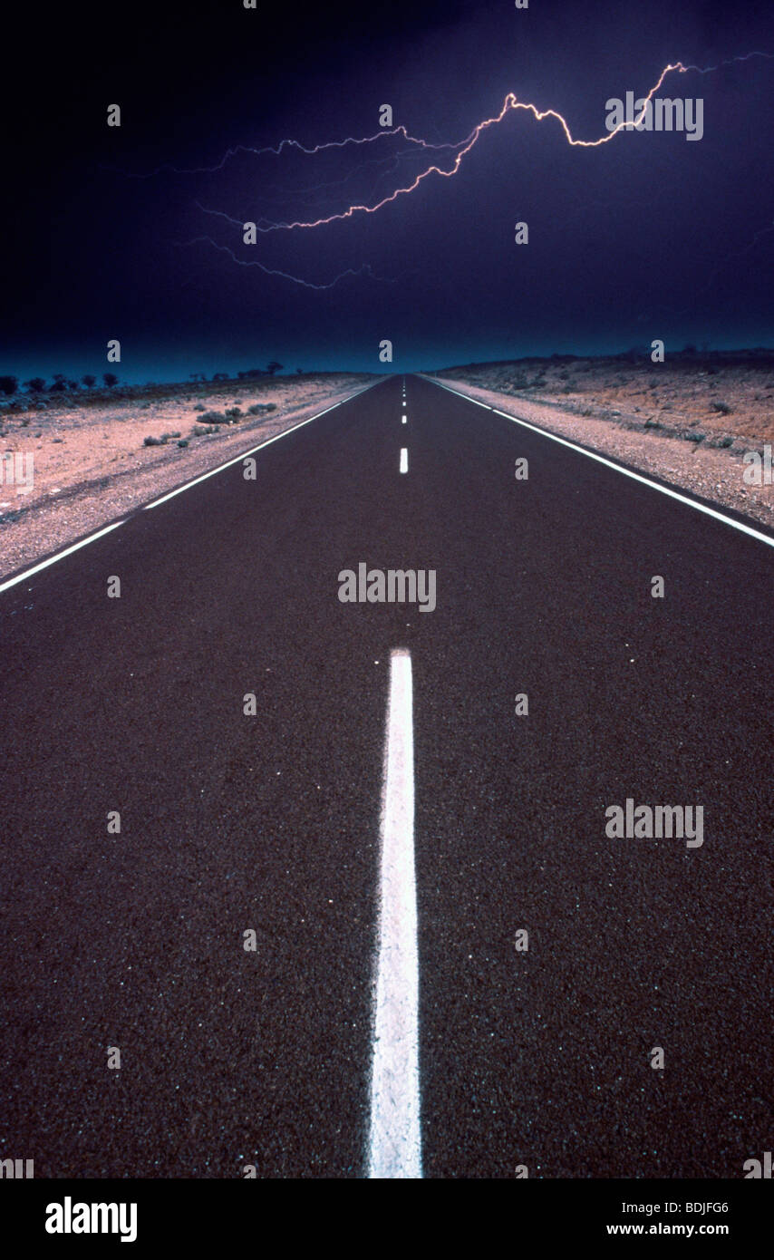 Lightning above Highway Stock Photo - Alamy