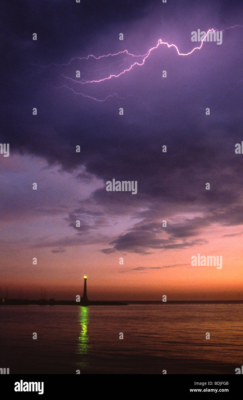 Lightning above Lighthouse, Sunset Stock Photo - Alamy