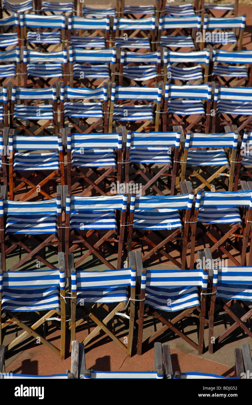 ENGLAND, East Sussex, Eastbourne, Detail of deck chairs at the band ...