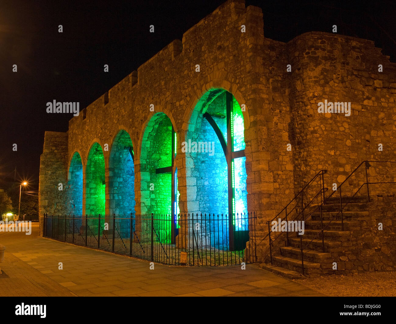 Five historic arches in the medieval walls of Southampton UK lit by ...
