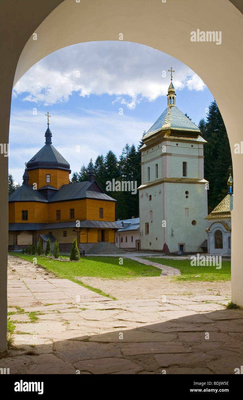 Christian monastery courtyard view through a gate arch (Manjava village ...