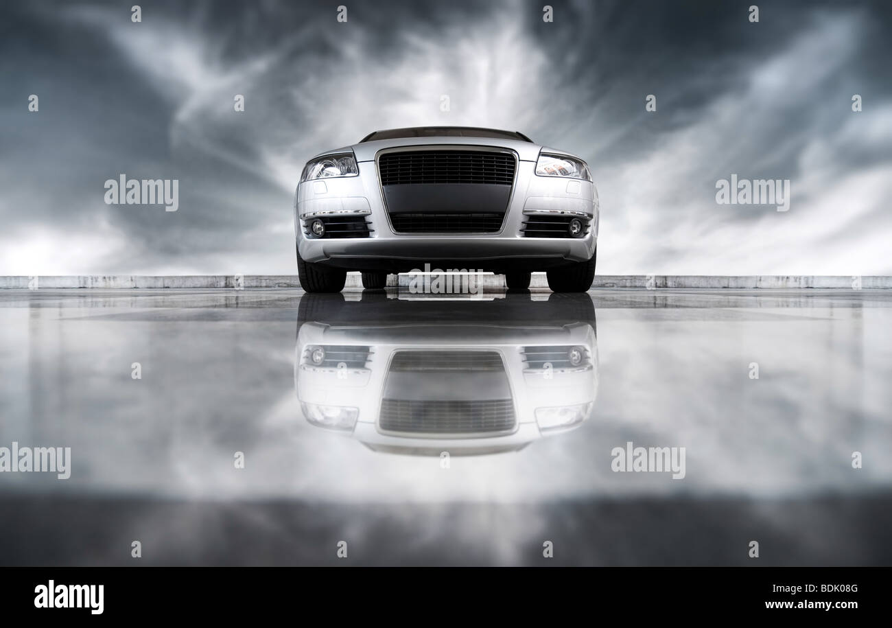 Modern car front view. On sky background and with reflection Stock ...