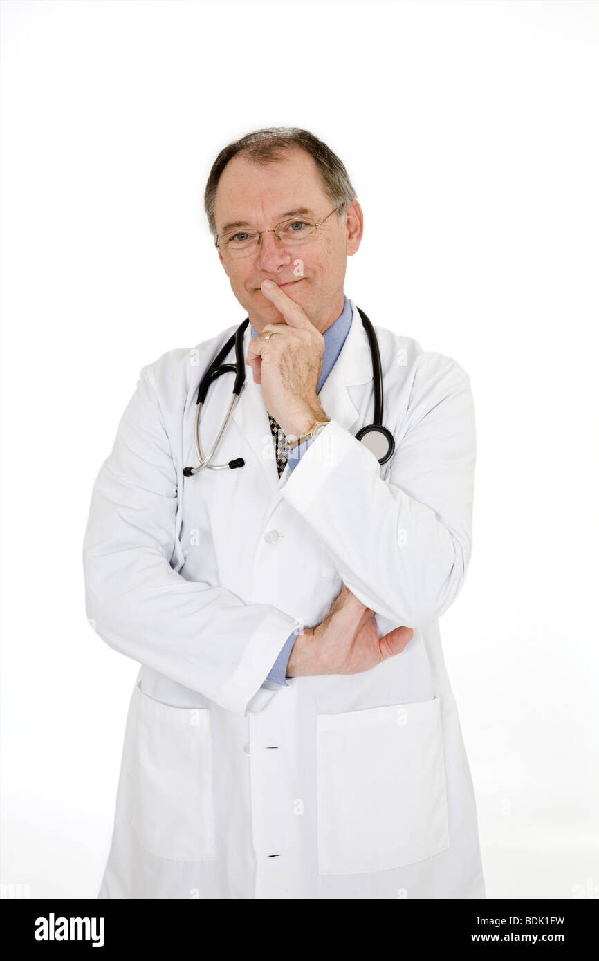 A caucasian doctor with a receding hairline wearing a white lab coat ...