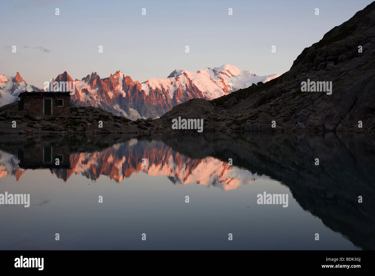 Aiguilles de Chamonix reflecting in Lac Blanc Stock Photo - Alamy