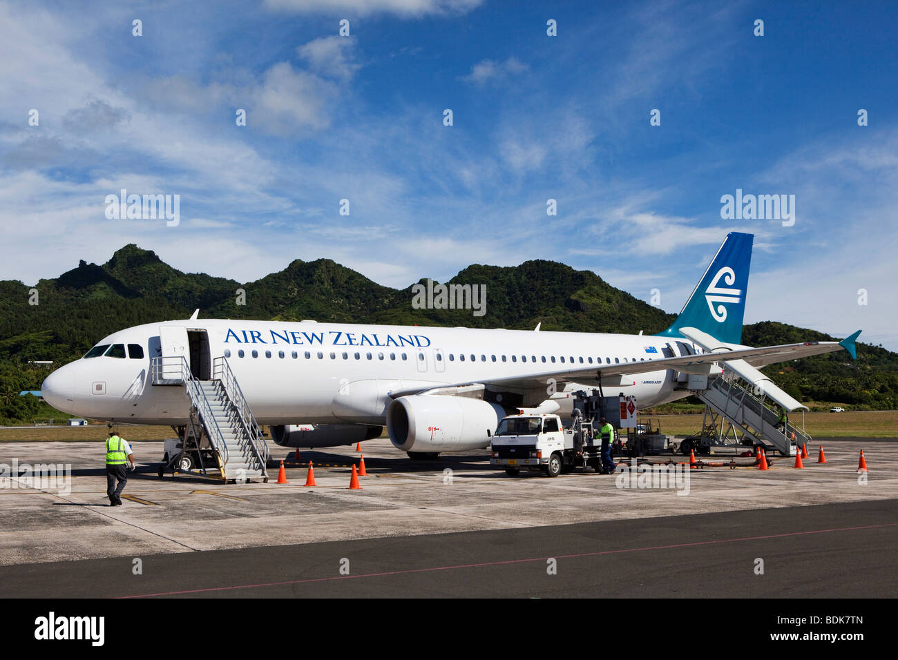 Air New Zealand plane on the runway on Rarotonga in The Cook Islands in ...