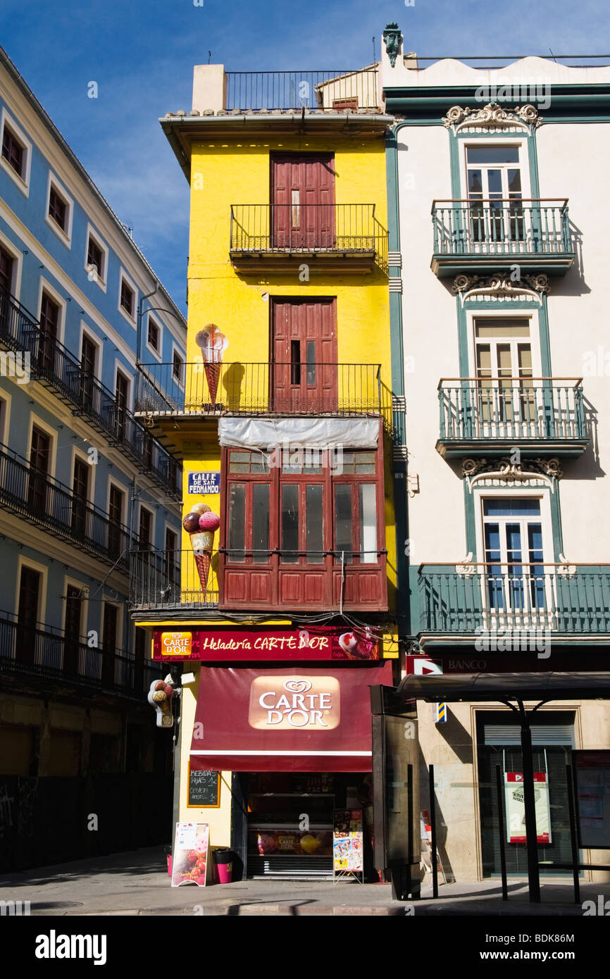 Spain , City of Valencia , typical narrow old building with balconies ...