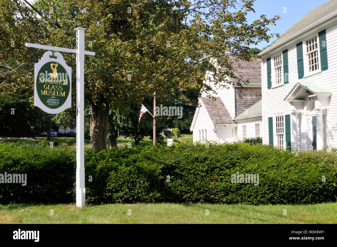 Exterior and sign of the Sandwich Glass Museum in Sandwich, Cape Cod ...