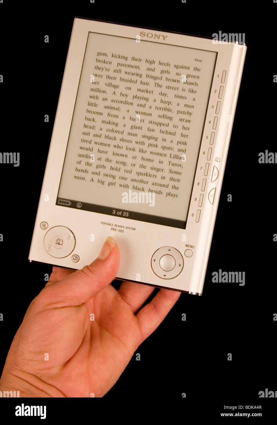Hand holding Sony Reader, a digital electronic portable book storage ...