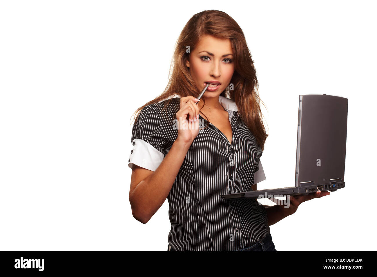 smiling young business-woman holding pen on white background Stock ...