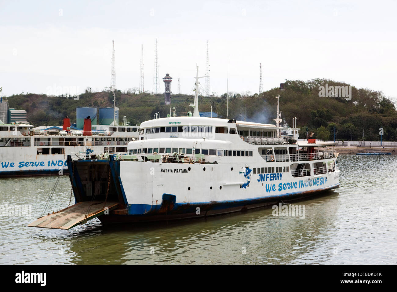Indonesia, Lombok, Lembar, Bali JM ferry boat company vessel Satria Pratana in harbour Stock ...