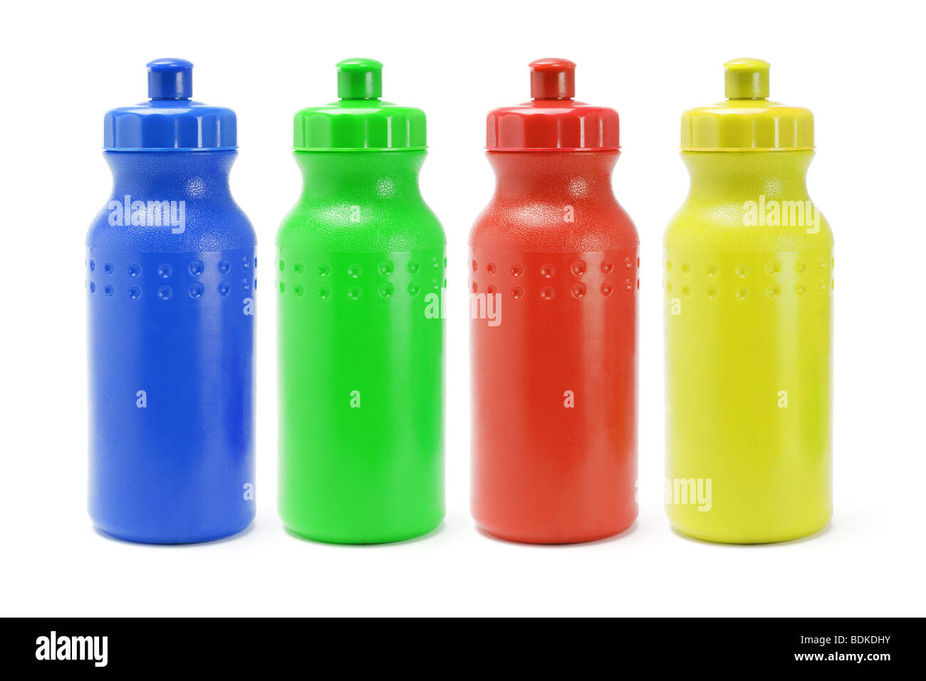 Colorful plastic water containers on white background Stock Photo - Alamy