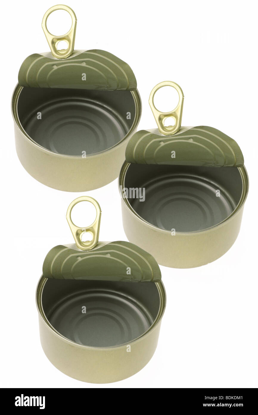 Elevated view of empty tin cans on white background Stock Photo - Alamy