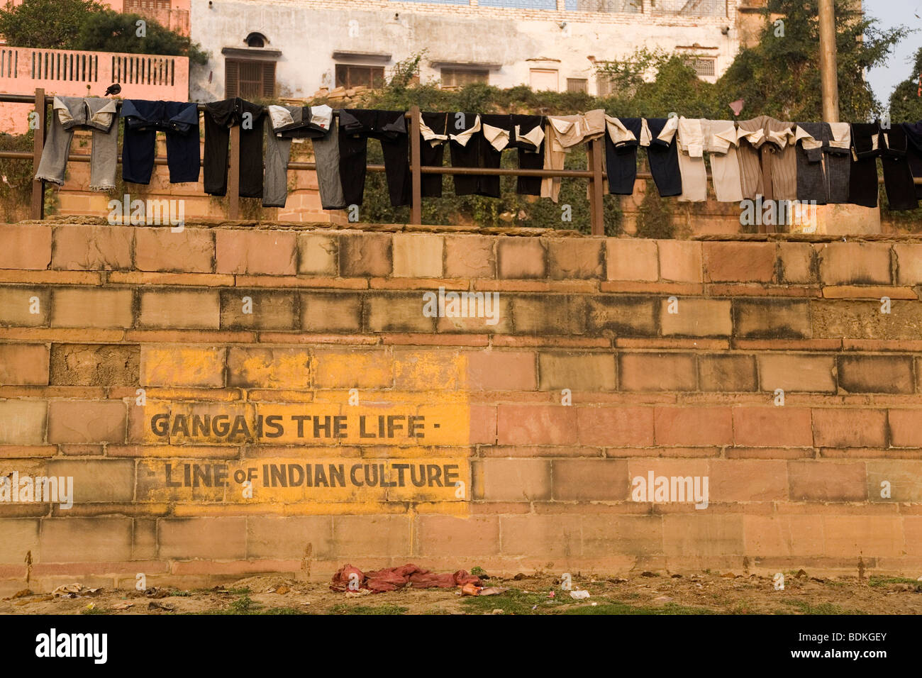 A sign states that the "Ganga is the Life-Line of Indian Culture" is ...