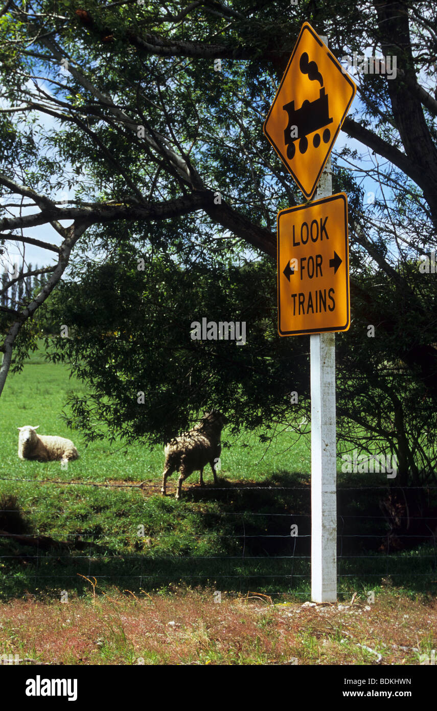 Railway crossing signs, South Island, New Zealand Stock Photo - Alamy