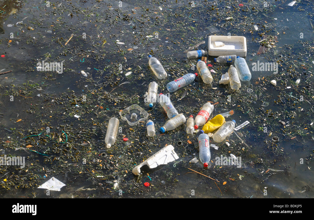 Plastic bottles, polystyrene crates and other detritus floating on ...