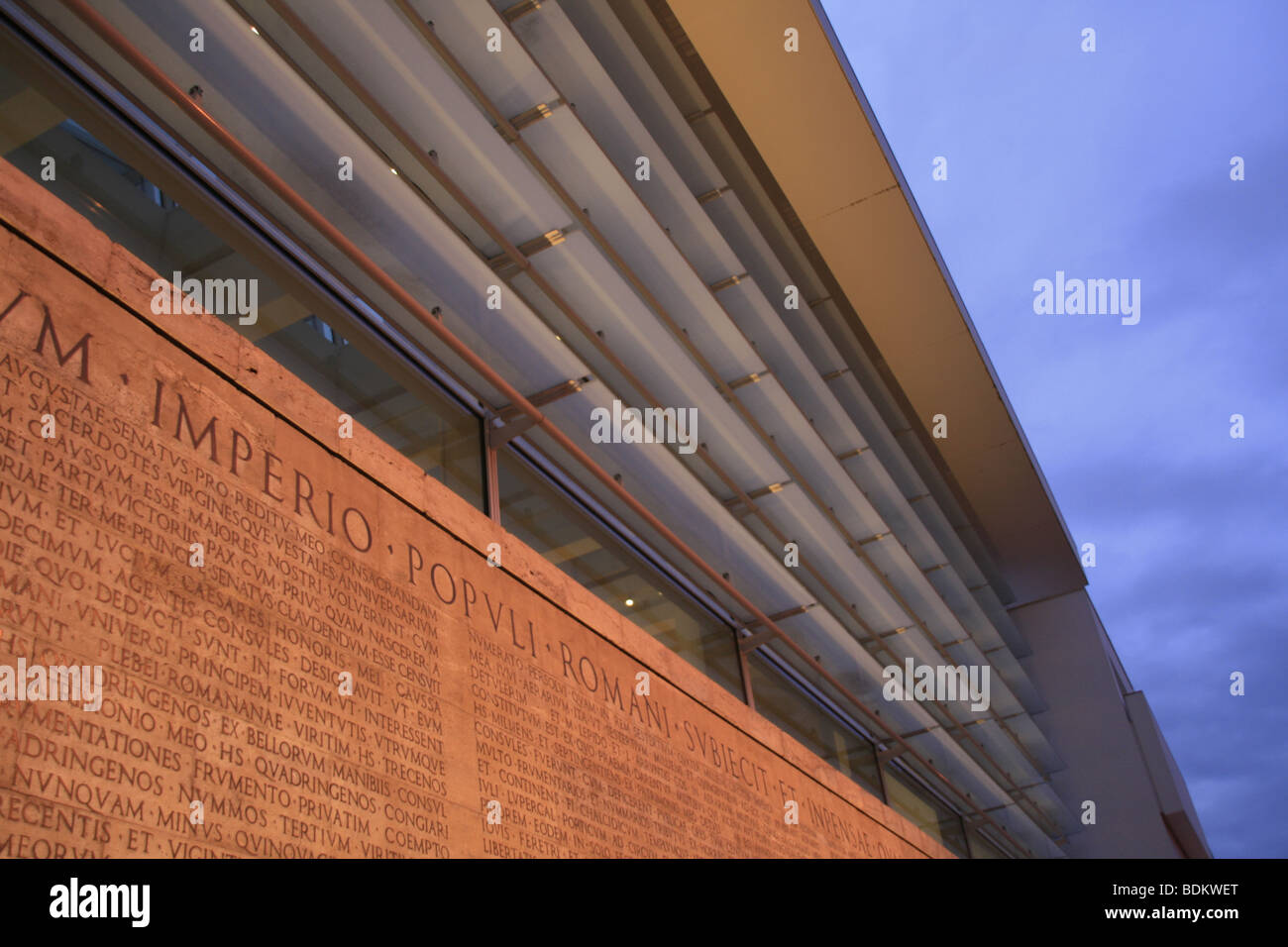 latin inscription on the ara pacis monument in rome at night Stock ...