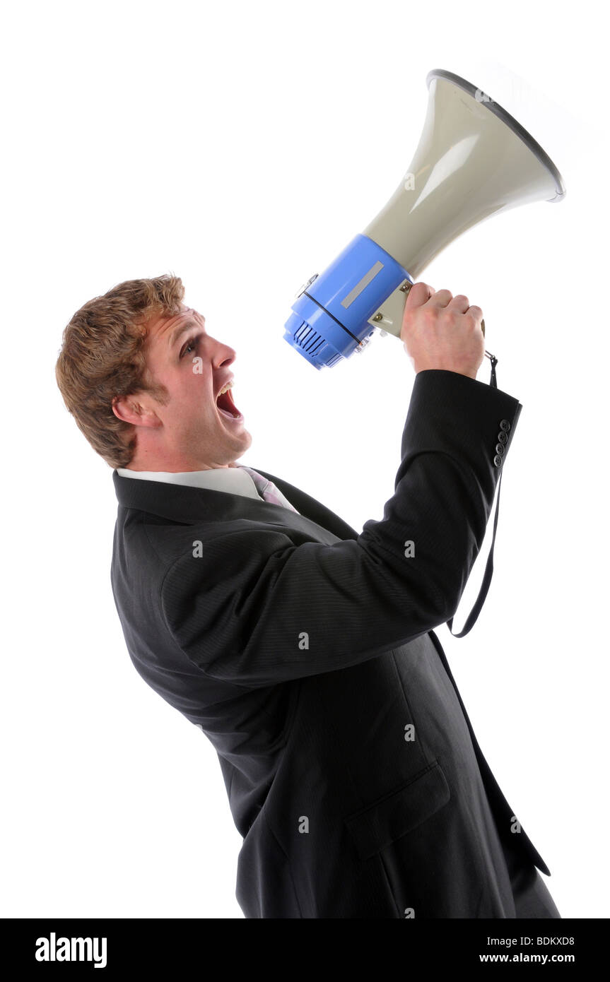 Businessman yelling into a megaphone isolated over a white background ...