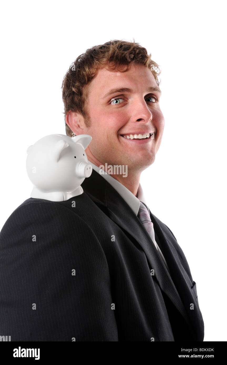 Man with piggy bank on shoulder isolated over a white background Stock ...